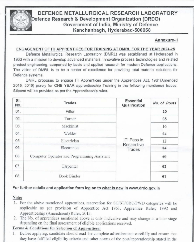 DRDO DMRL 127 ITI Apprentice Recruitment 2024 - Online Apply {Link Out} 31st May
